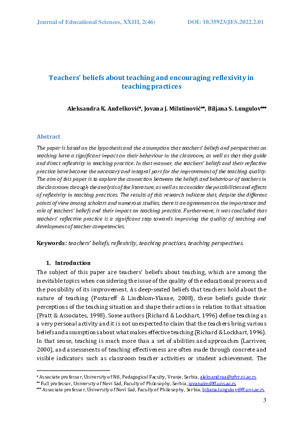 (PDF) Teachers’ beliefs about teaching and encouraging reflexivity in teaching practices
