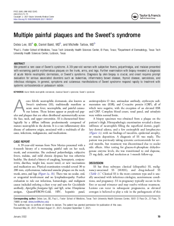 (PDF) Multiple painful plaques and the Sweet’s syndrome