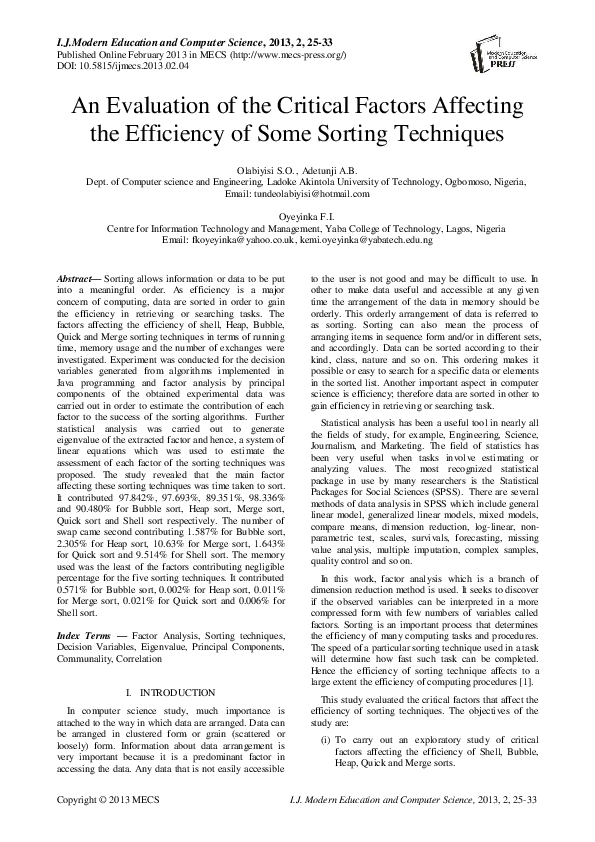 (PDF) An Evaluation of the Critical Factors Affecting the Efficiency of Some Sorting Techniques