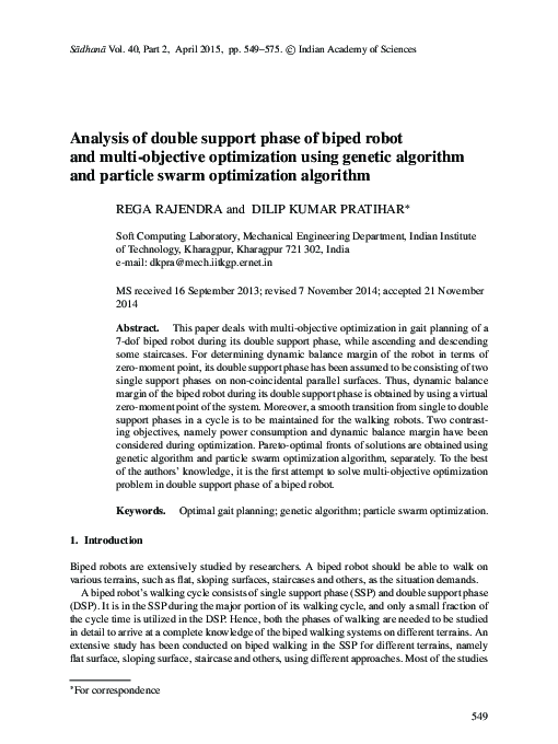 (PDF) Analysis of double support phase of biped robot and multi-objective optimization using ...