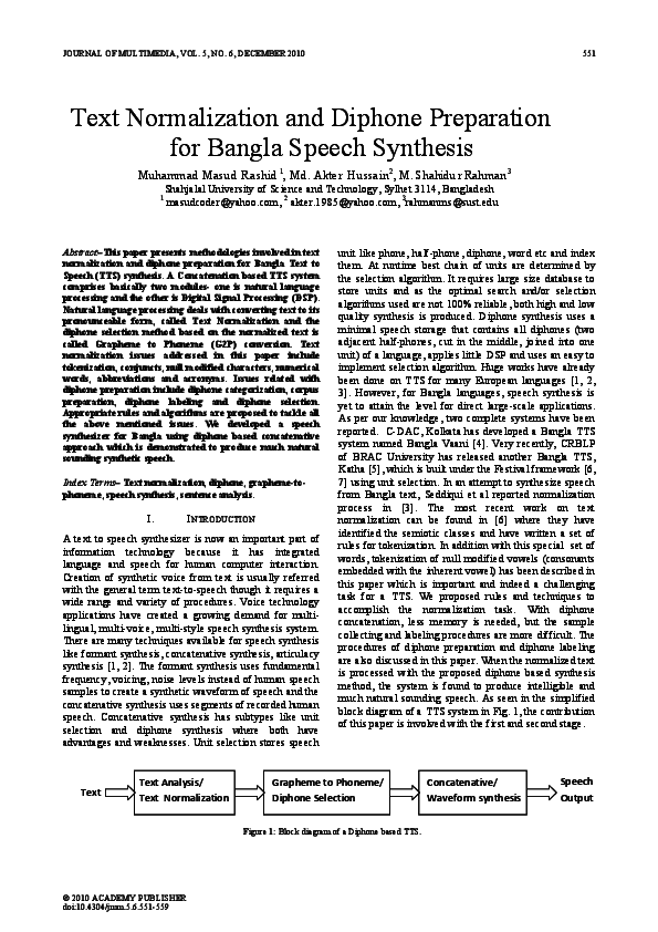 Pdf Text Normalization And Diphone Preparation For Bangla Speech Synthesis