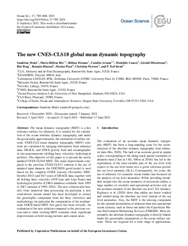(PDF) The new CNES-CLS18 global mean dynamic topography