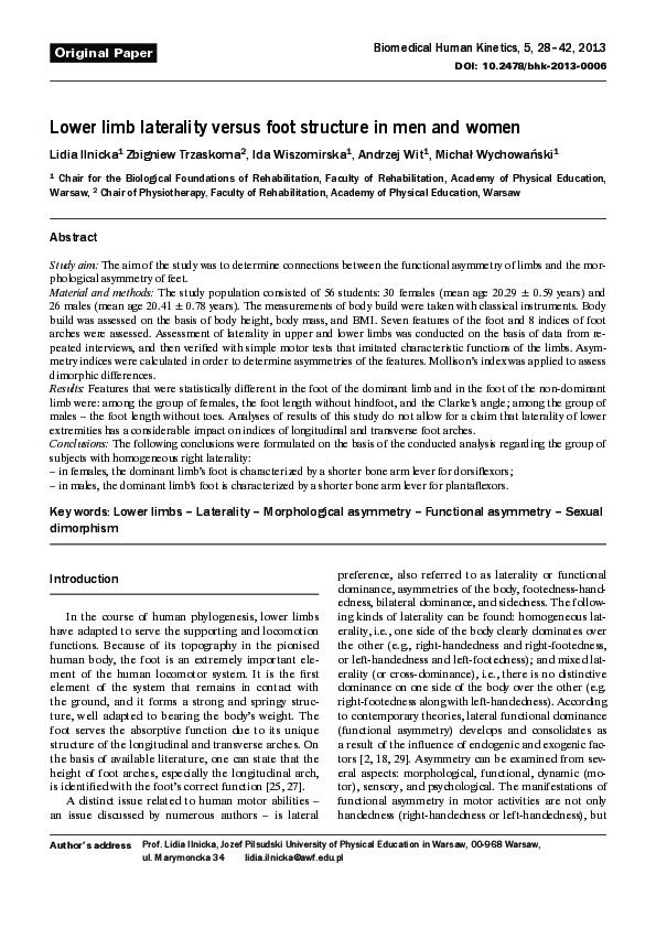 (PDF) Lower limb laterality versus foot structure in men and women