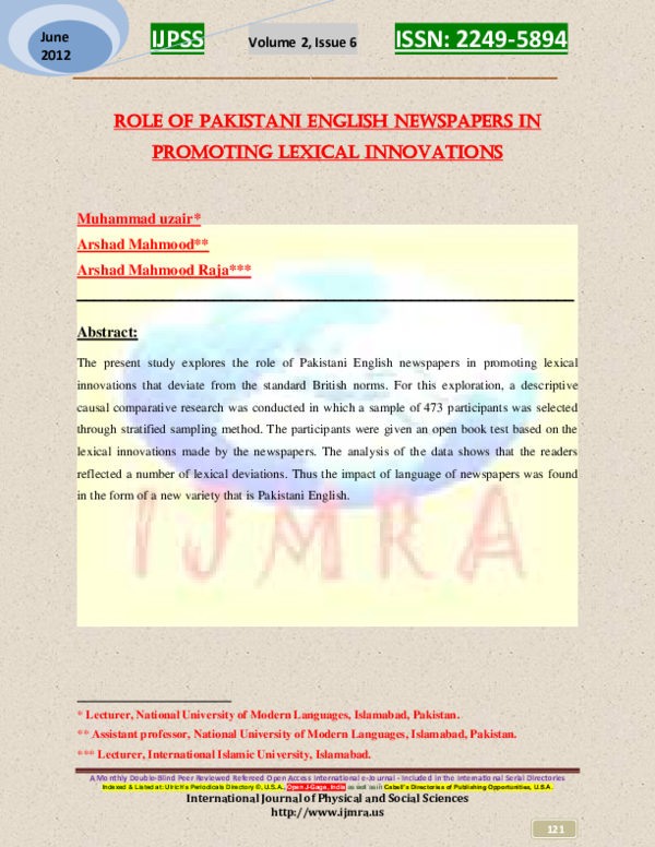 (PDF) Role of Pakistani english newspapers in promoting lexical innovations