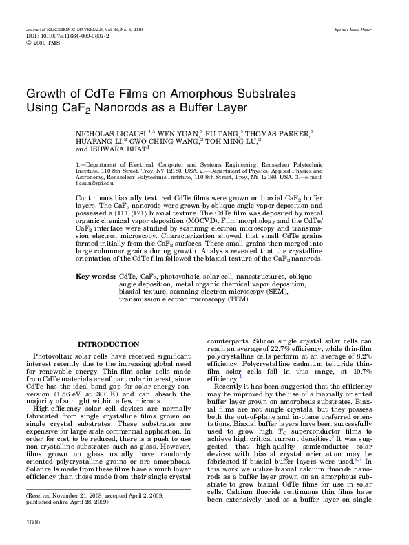 (PDF) Growth of CdTe Films on Amorphous Substrates Using CaF2 Nanorods ...