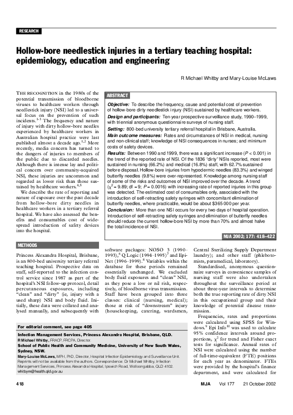 (PDF) Hollow‐bore needlestick injuries in a tertiary teaching hospital ...