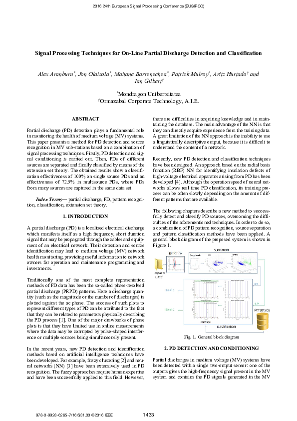(PDF) Signal processing techniques for on-line partial discharge detection and classification