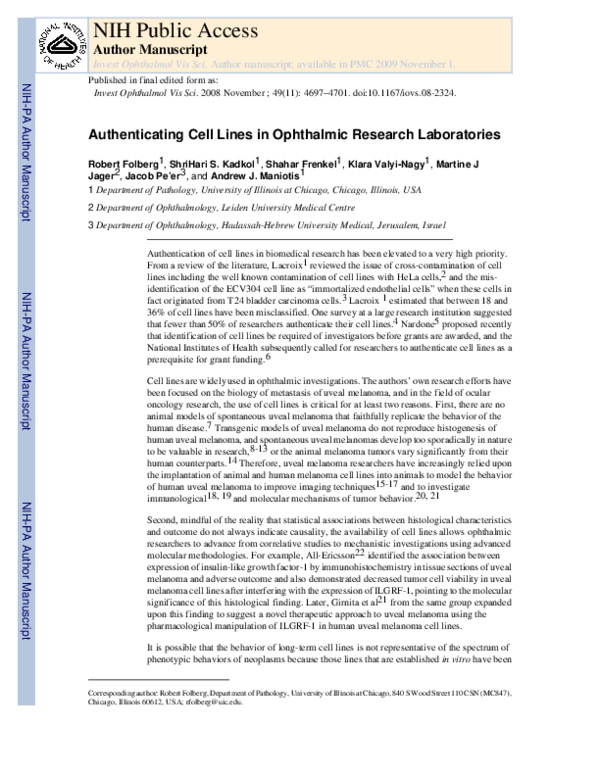 Authenticating Cell Lines in Ophthalmic Research Laboratories