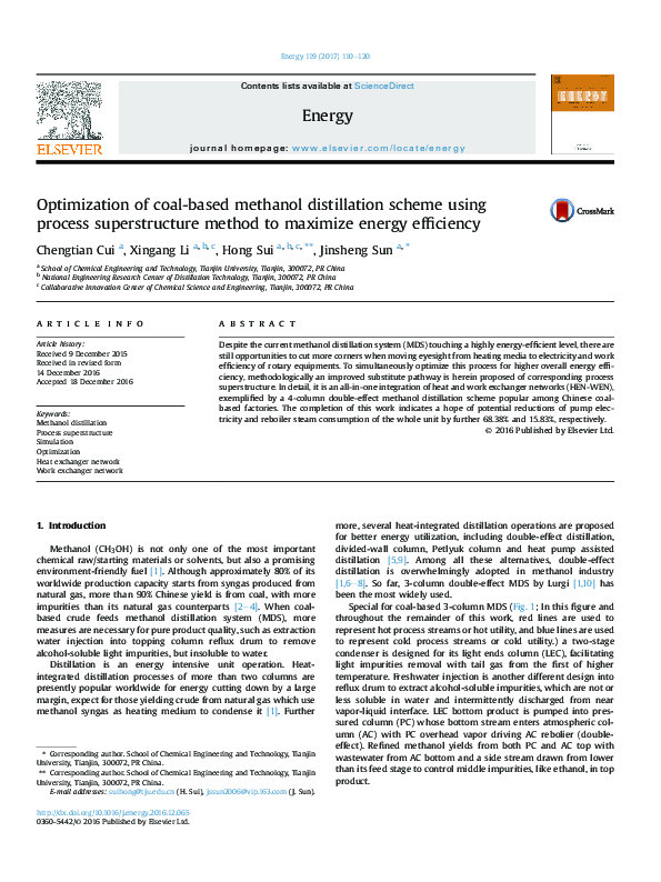 (PDF) Optimization of coal-based methanol distillation scheme using process superstructure ...
