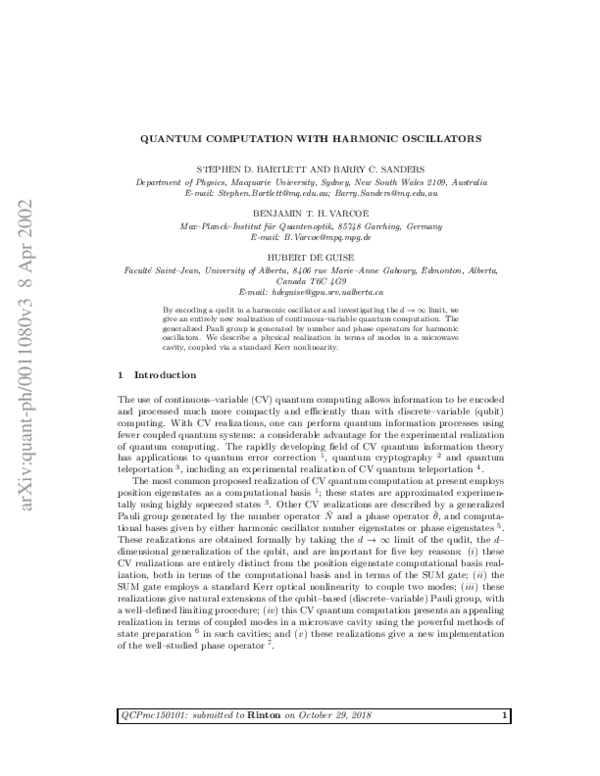 (PDF) Quantum Computation With Harmonic Oscillators