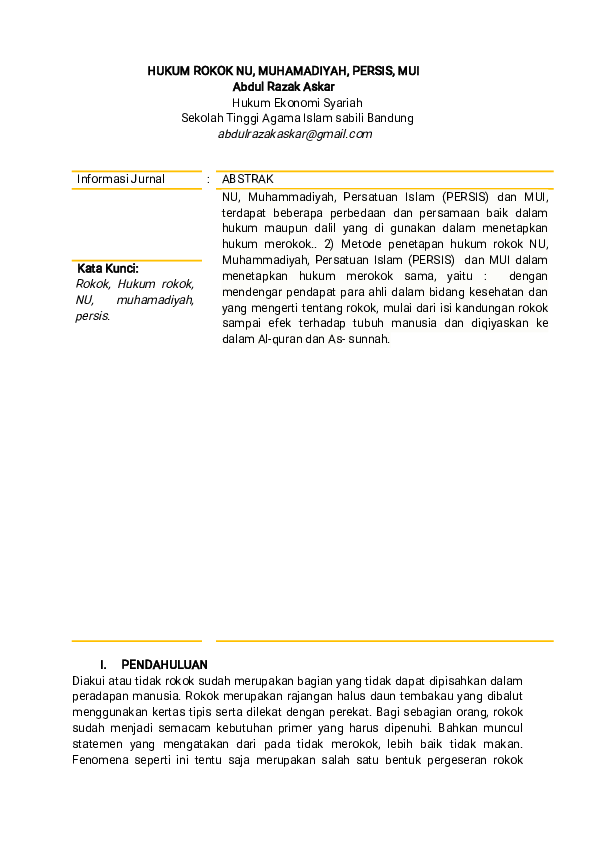 (PDF) Artikel hukum rokok nu Muhammadiyah persis mui