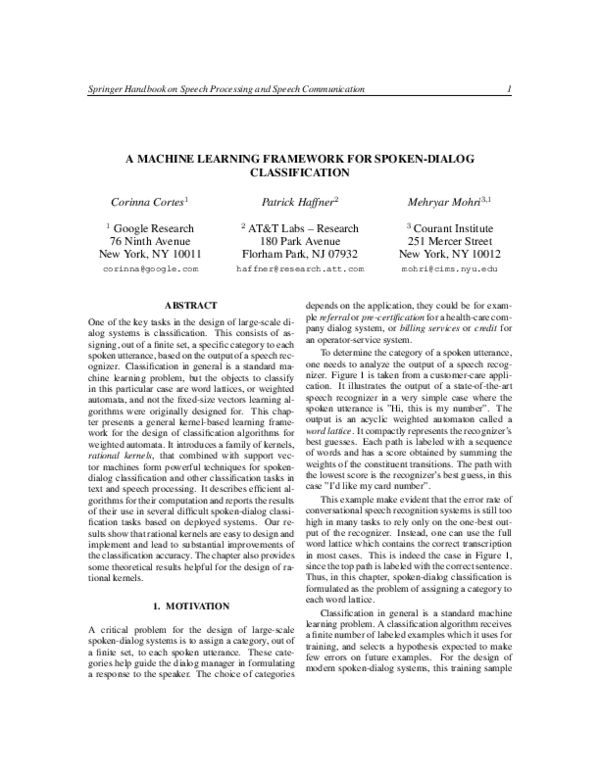 Pdf A Machine Learning Framework For Spoken Dialog Classification