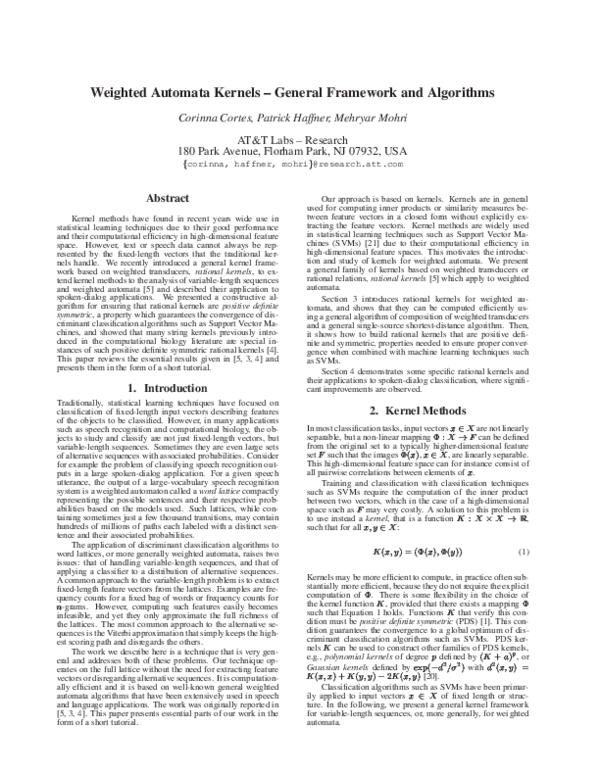 (PDF) Weighted automata kernels - general framework and algorithms