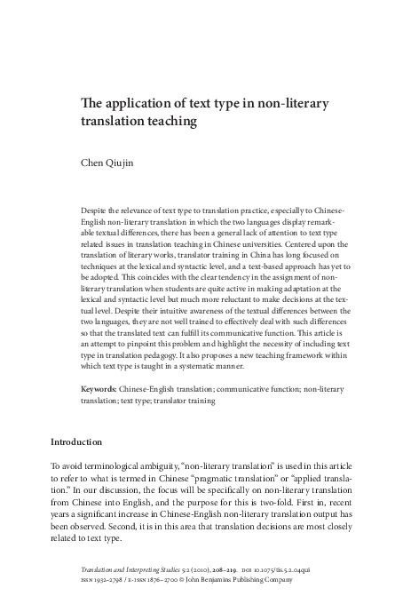 (PDF) The application of text type in non-literary translation teaching