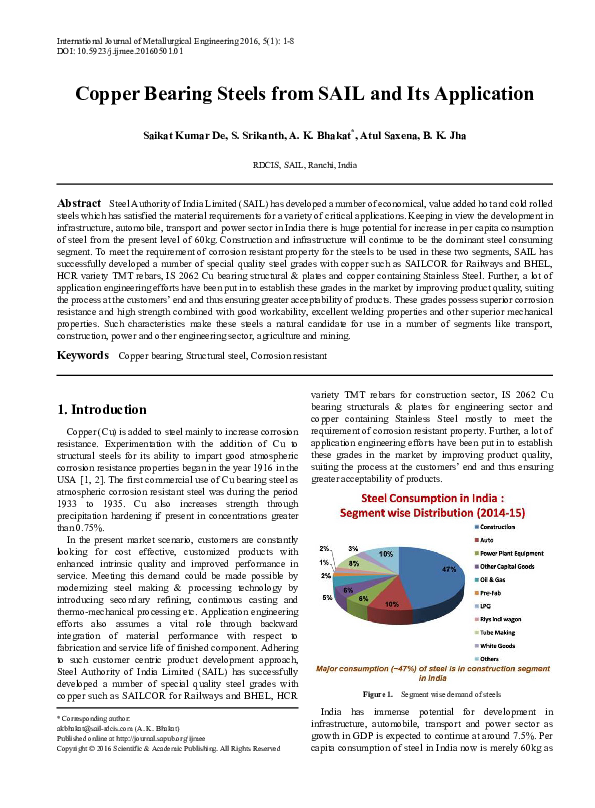 (PDF) Copper Bearing Steels from SAIL and Its Application