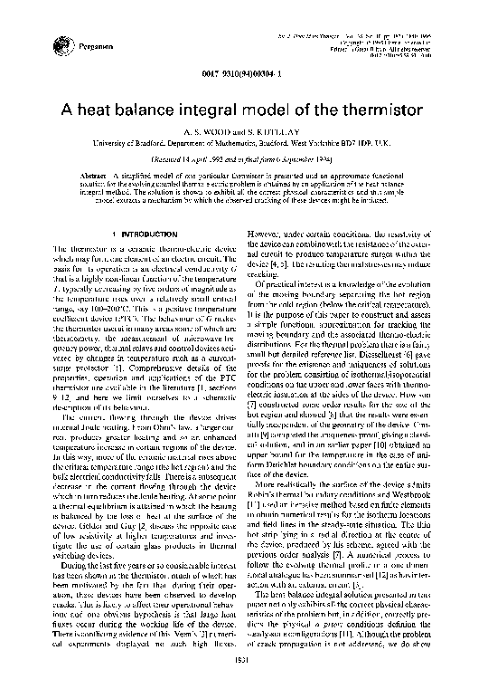 (PDF) A heat balance integral model of the thermistor