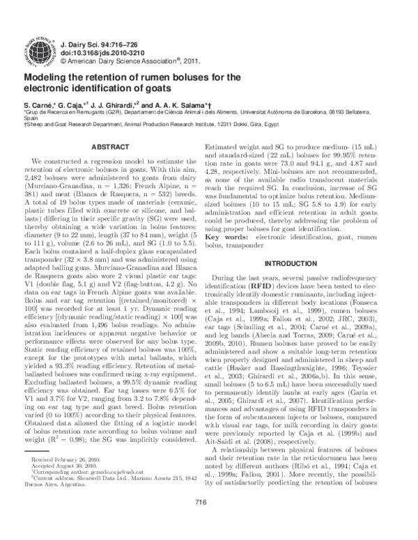 (PDF) Modeling the retention of rumen boluses for the electronic ...