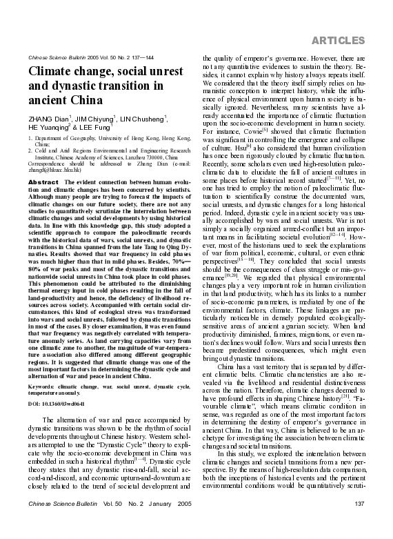 (PDF) Climate change, social unrest and dynastic transition in ancient ...