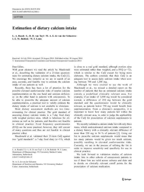 (PDF) Estimation of dietary calcium intake
