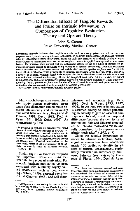 (PDF) The Differential Effects of Tangible Rewards and Praise on Intrinsic Motivation: A ...