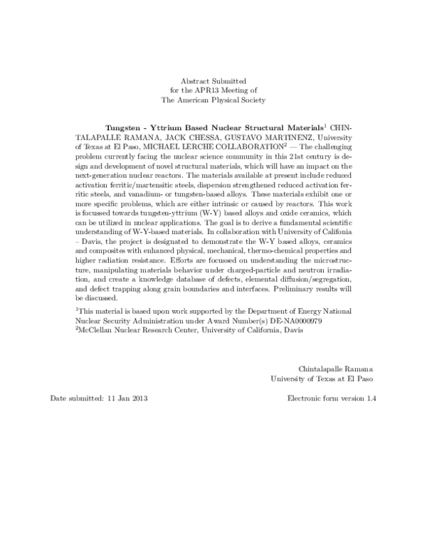 (PDF) Tungsten - Yttrium Based Nuclear Structural Materials | Jack ...