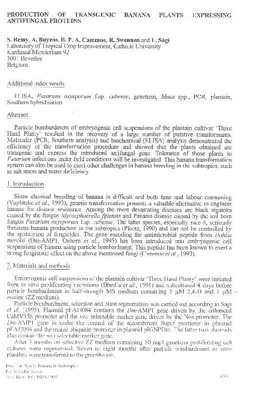 (PDF) Production of Transgenic Banana Plants Expressing Antifungal ...