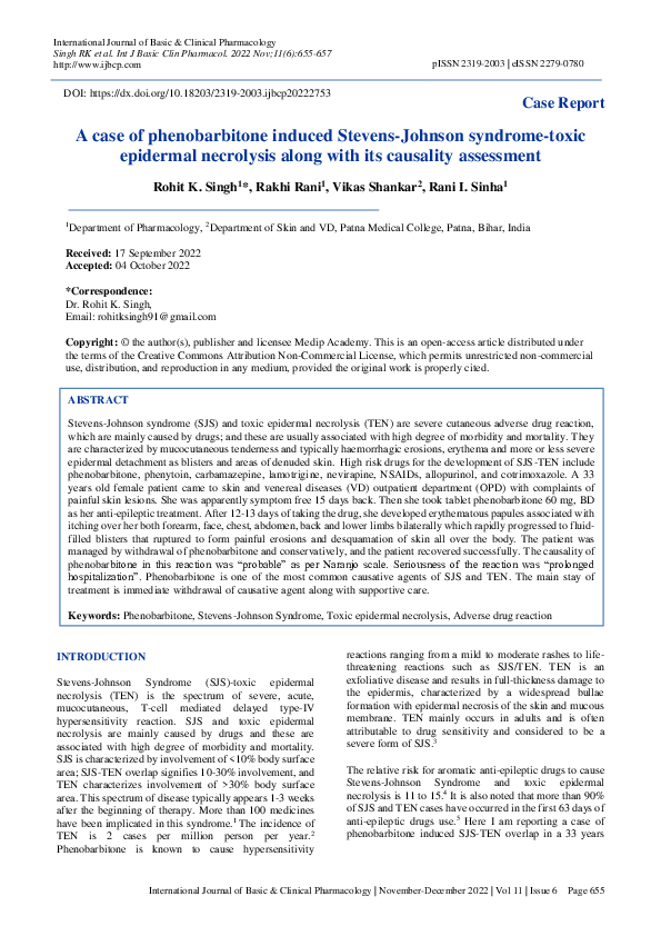 (PDF) A case of phenobarbitone induced Stevens-Johnson syndrome-toxic ...