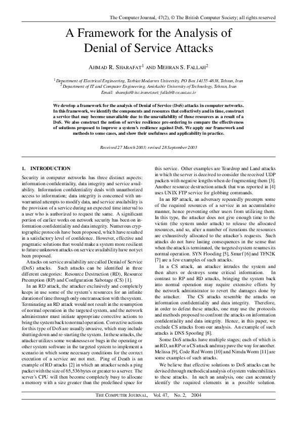 (PDF) A Framework for the Analysis of Denial of Service Attacks | Ahmad Sharafat - Academia.edu