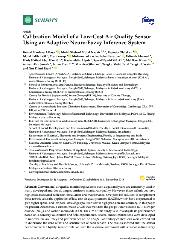 Pdf Calibration Model Of A Low Cost Air Quality Sensor Using An Adaptive Neuro Fuzzy Inference