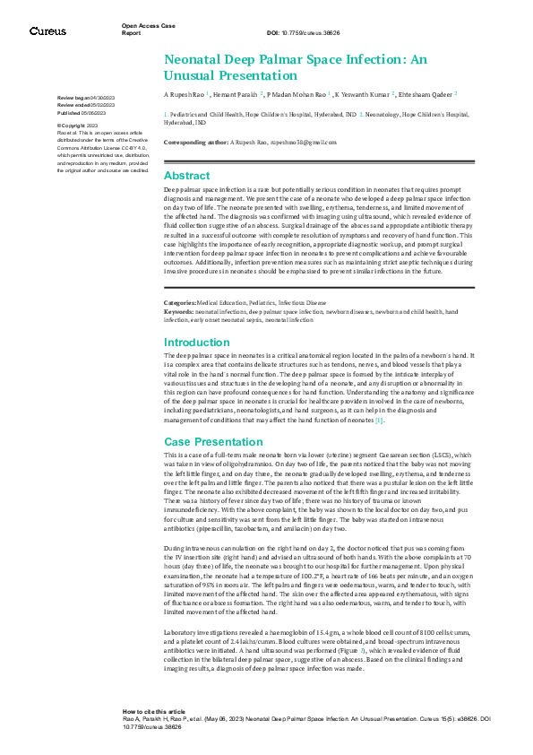 (PDF) Neonatal Deep Palmar Space Infection: An Unusual Presentation