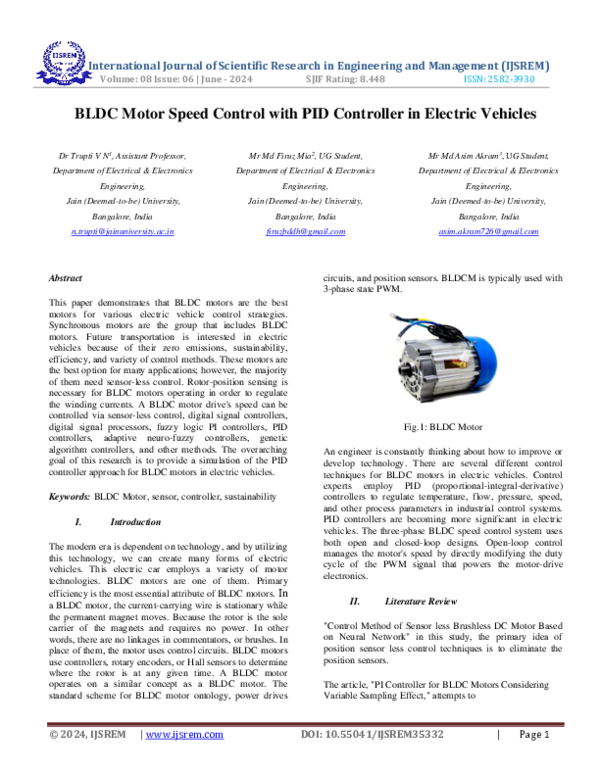 (PDF) BLDC Motor Speed Control with PID Controller in Electric Vehicles