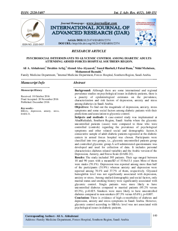 Pdf Psychosocial Determinants To Glycemic Control Among Diabetic