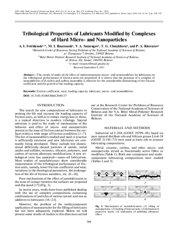 (PDF) Tribological properties of lubricants modified by complexes of hard micro- and nanoparticles