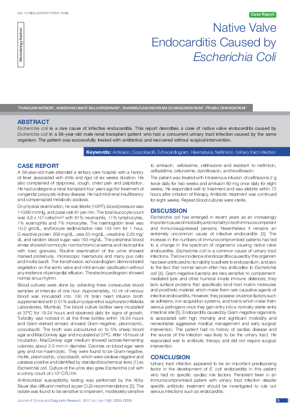 (PDF) Native Valve Endocarditis Caused by Escherichia Coli