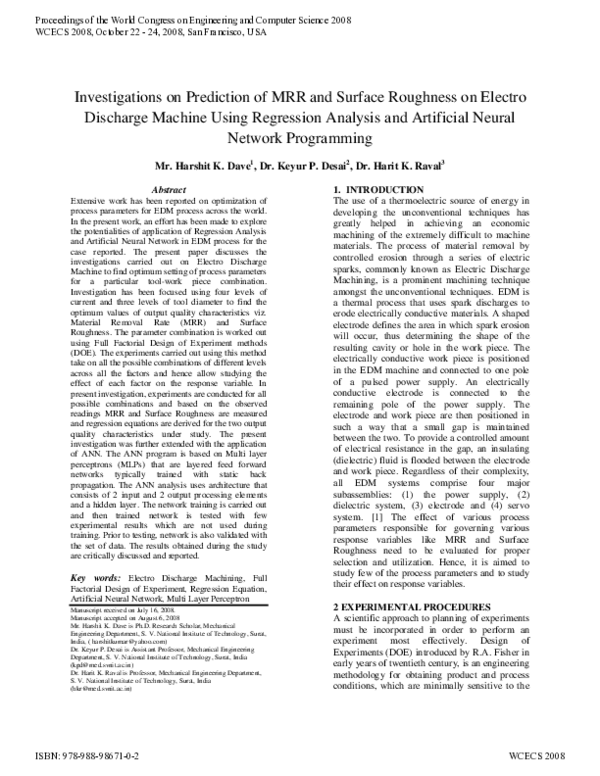 (PDF) Investigations on prediction of MRR and surface roughness on electro discharge machine ...