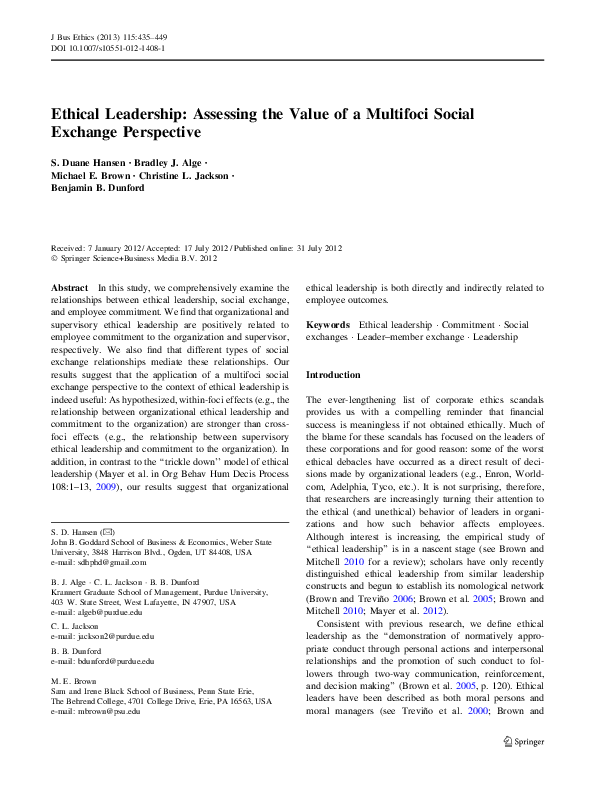 (PDF) Ethical Leadership: Assessing the Value of a Multifoci Social ...