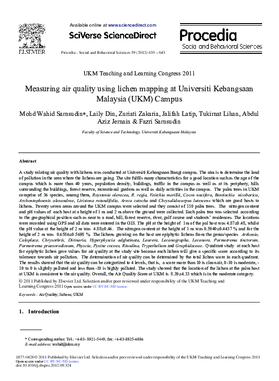 (PDF) Measuring Air Quality using Lichen Mapping at Universiti Kebangsaan Malaysia (UKM) Campus