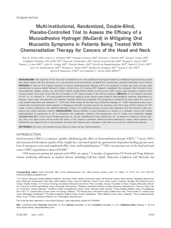 (PDF) Multi‐institutional, randomized, double‐blind, placebo‐controlled trial to assess the ...