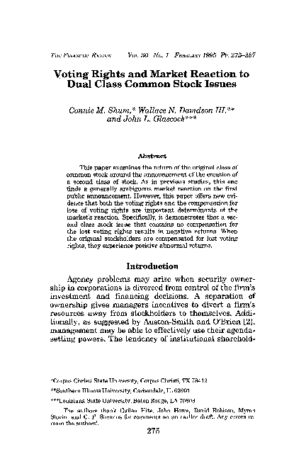 (PDF) Voting Rights and Market Reaction to Dual Class Common Stock Issues