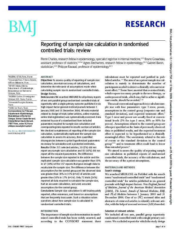 (PDF) Reporting of sample size calculation in randomised controlled trials: review
