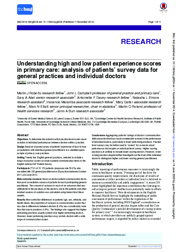 (PDF) Understanding high and low patient experience scores in primary ...