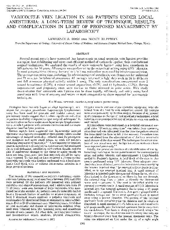 (PDF) Varicocele Vein Ligation in 565 Patients Under Local Anesthesia ...