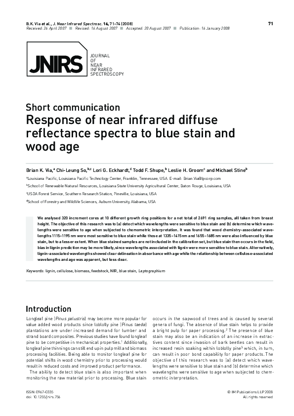 (PDF) Response of near Infrared Diffuse Reflectance Spectra to Blue Stain and Wood Age