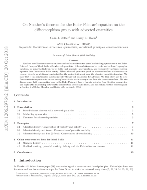 (PDF) On Noether’s Theorem for the Euler–Poincaré Equation on the Diffeomorphism Group with ...