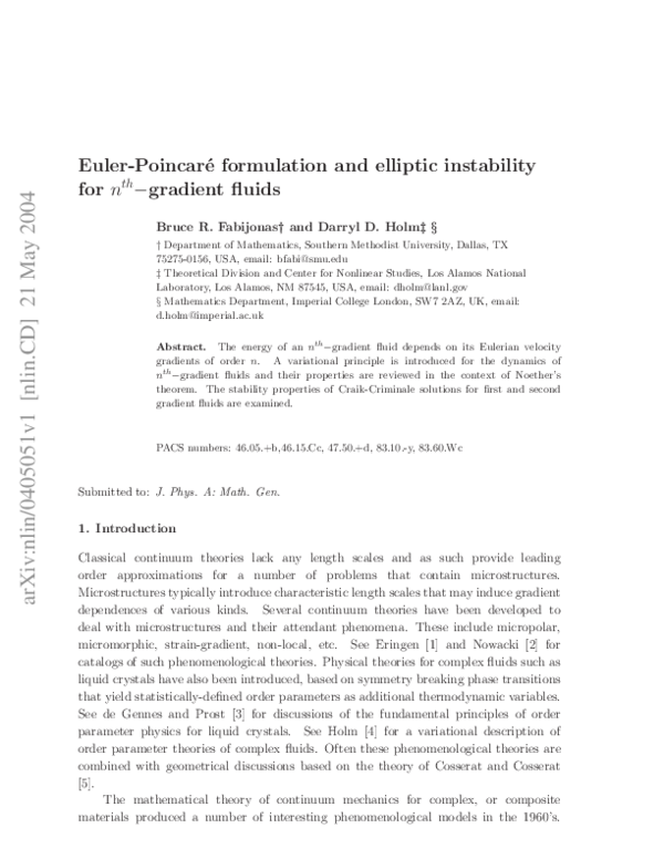 (PDF) Euler–Poincaré formulation and elliptic instability for n th ...