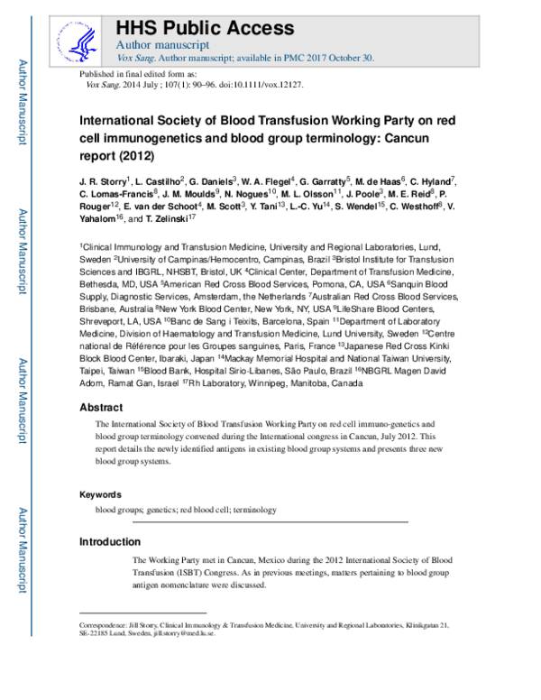 (PDF) International Society of Blood Transfusion Working Party on red ...