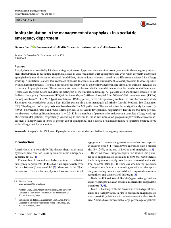 (PDF) In situ simulation in the management of anaphylaxis in a ...
