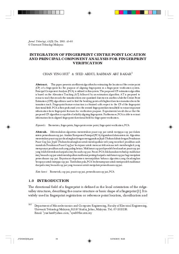 (PDF) Integration of Fingerprint Centre Point Location and Principal ...