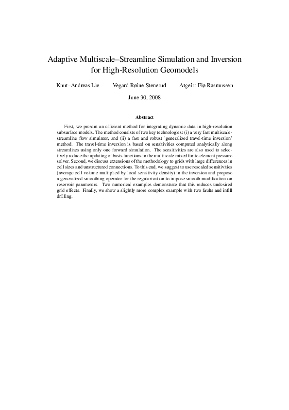 (PDF) Adaptive Multiscale Streamline Simulation and Inversion for High-Resolution Geomodels