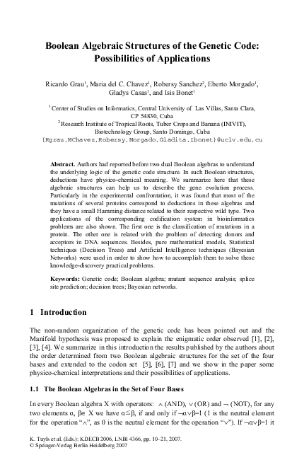 (PDF) Boolean Algebraic Structures of the Genetic Code: Possibilities of Applications